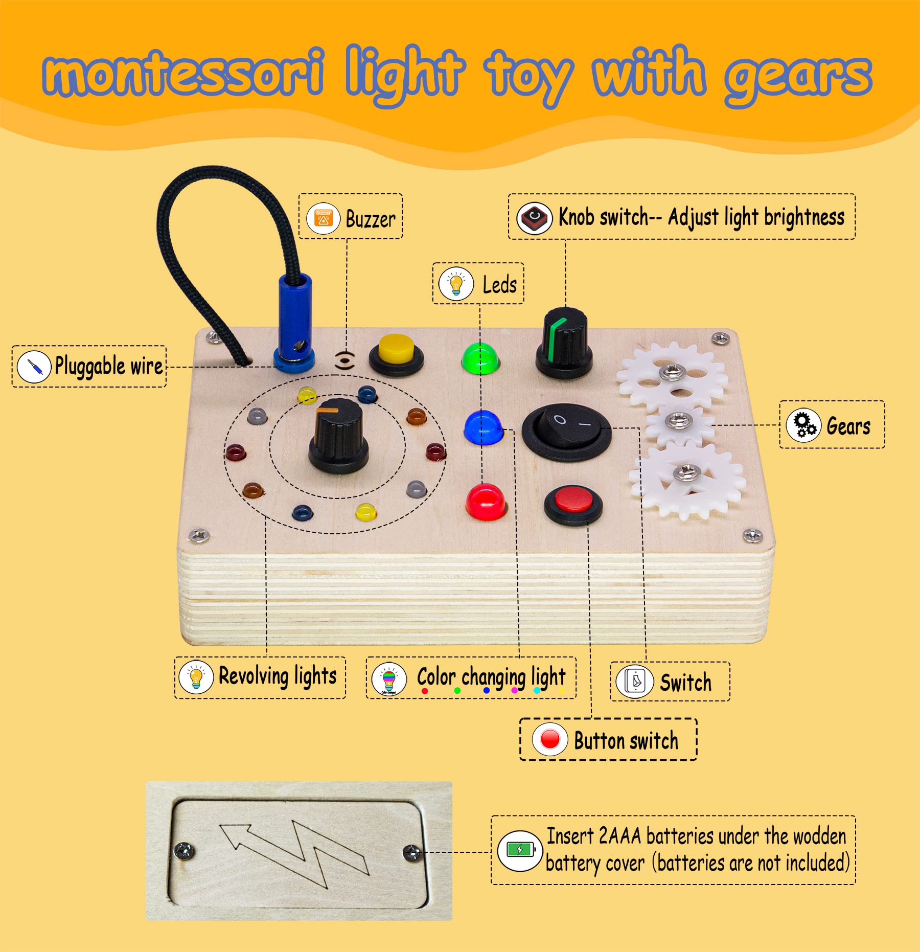 LED Light Busy Board for Baby Activity Button Switch Board Montessori Wooden Sensory Board Preschool Learning Toy