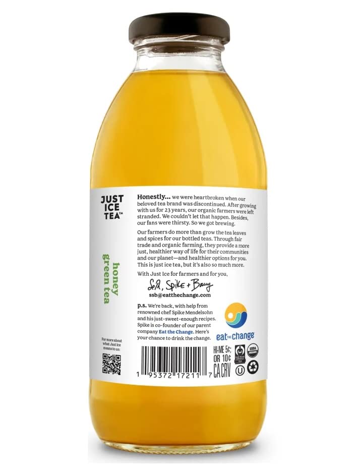 Just Ice Tea Organic Iced Tea, 16 Fl Oz Glass Bottles (Honey Green Tea, Pack of 12)