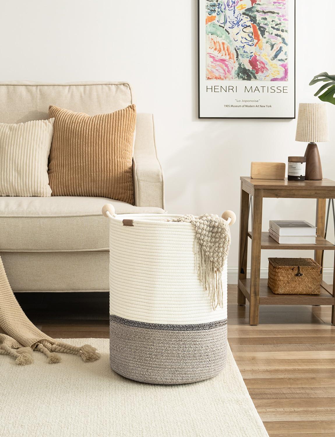 StorageWorks 58L Cotton Rope Laundry Basket with Wooden Beads Handles, Woven Basket for Storage, Dirty Clothes, Kids Toys, Towels, White & Light Brown