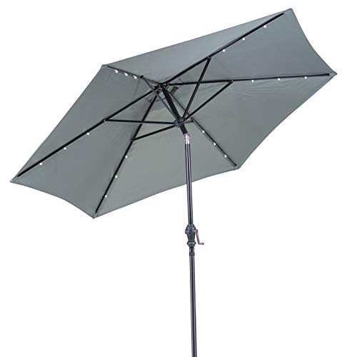 Sun-Ray 811035 9' Round 6-Rib Solar Lighted Patio Umbrella, 18 LED Lights, Crank and Tilt, Steel Frame, Grey
