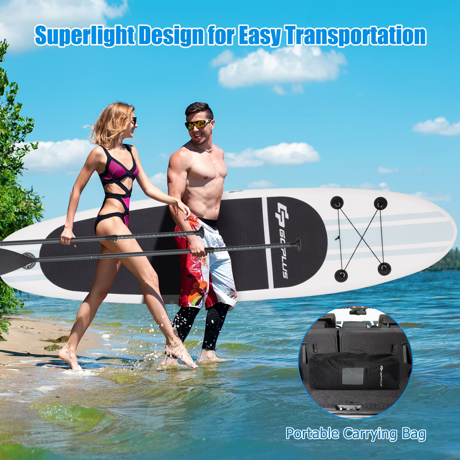 Goplus Inflatable Stand up Paddle Board Surfboard SUP Board with Adjustable Paddle Carry Bag Manual Pump Repair Kit Removable Fin for All Skill Levels, 6" Thick (White, 10')