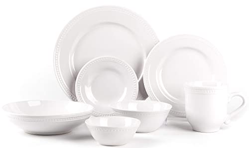 HomeVss, Pearl Dots Stoneware Dinnerware Set (56pc Set, White)
