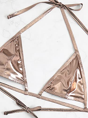GORGLITTER Women's Sexy Metallic Swimsuit Cut Out Triangle Bikini Set Tie Side Thong Bathing Suit Champagne Medium