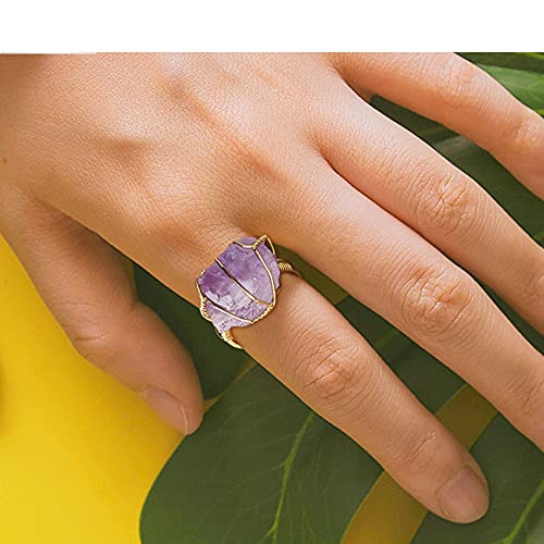 Healing Chakra Crystal Ring Handmade Wire Wrap Natural Rock Rings Adjustable Natural Crystal Original Stone Ring Retro Gemstone Opening Wired Wrapped Rings Jewelry-Purple Amethyst