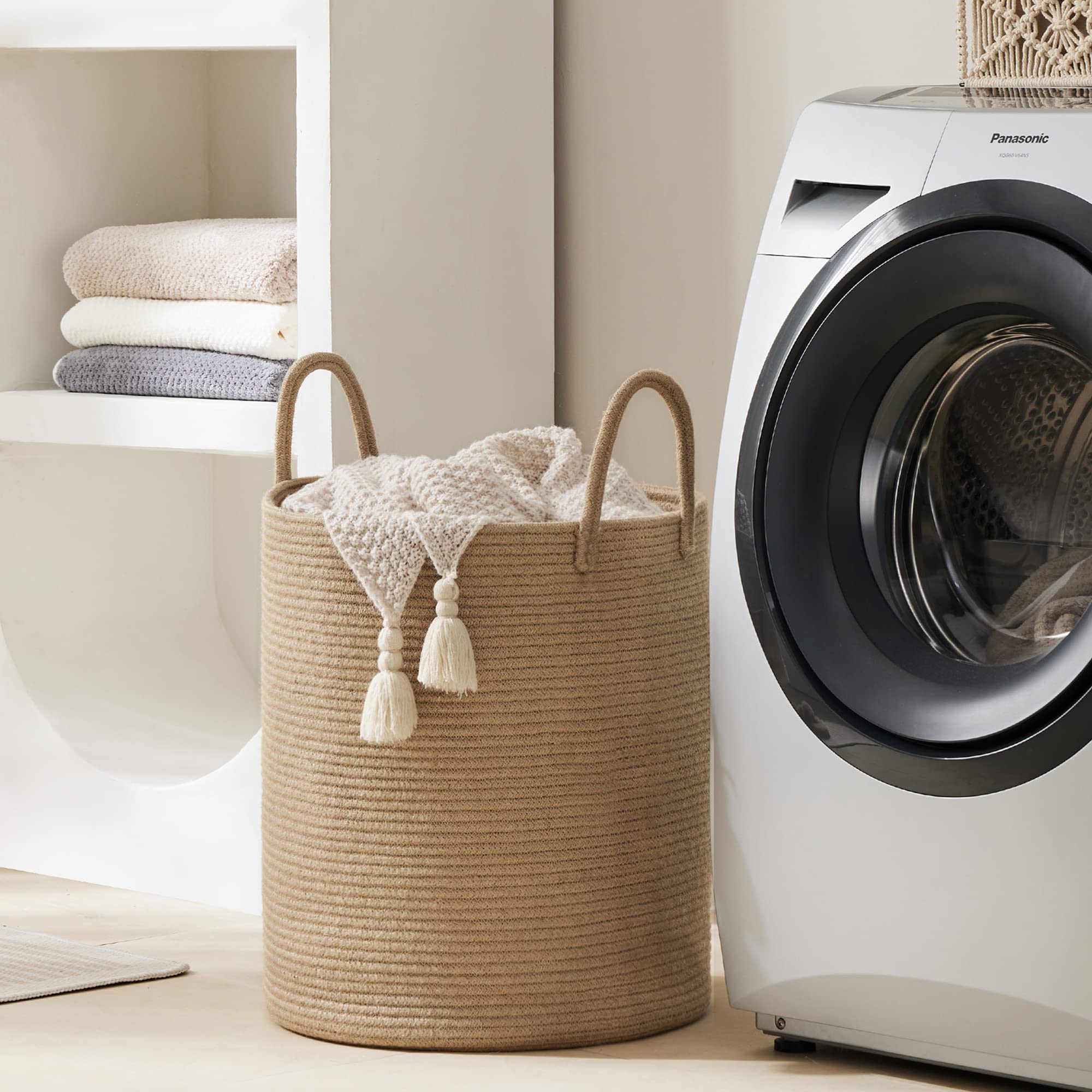 Jute Rope Woven Laundry Hamper Basket by YOUDENOVA, 58L Tall Laundry Basket, Baby Nursery Hamper for Blanket Storage, Clothes Hamper for Laundry in Bedroom-Large-Jute