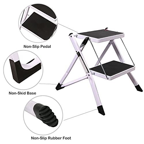 Varbucamp Step Ladder 2 Step Folding for Kitchen, Lightweight Portable Step Ladder with Sturdy Wide Pedal for Adults & Kids,White