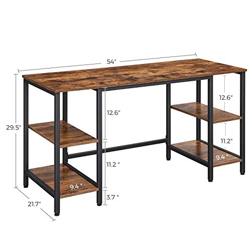 VASAGLE Computer Desk, 54 Inch Writing Desk with 4 Shelves for Home Office, Industrial Style PC Laptop Table, Spacious Storage, Rustic Brown and Black ULWD54X