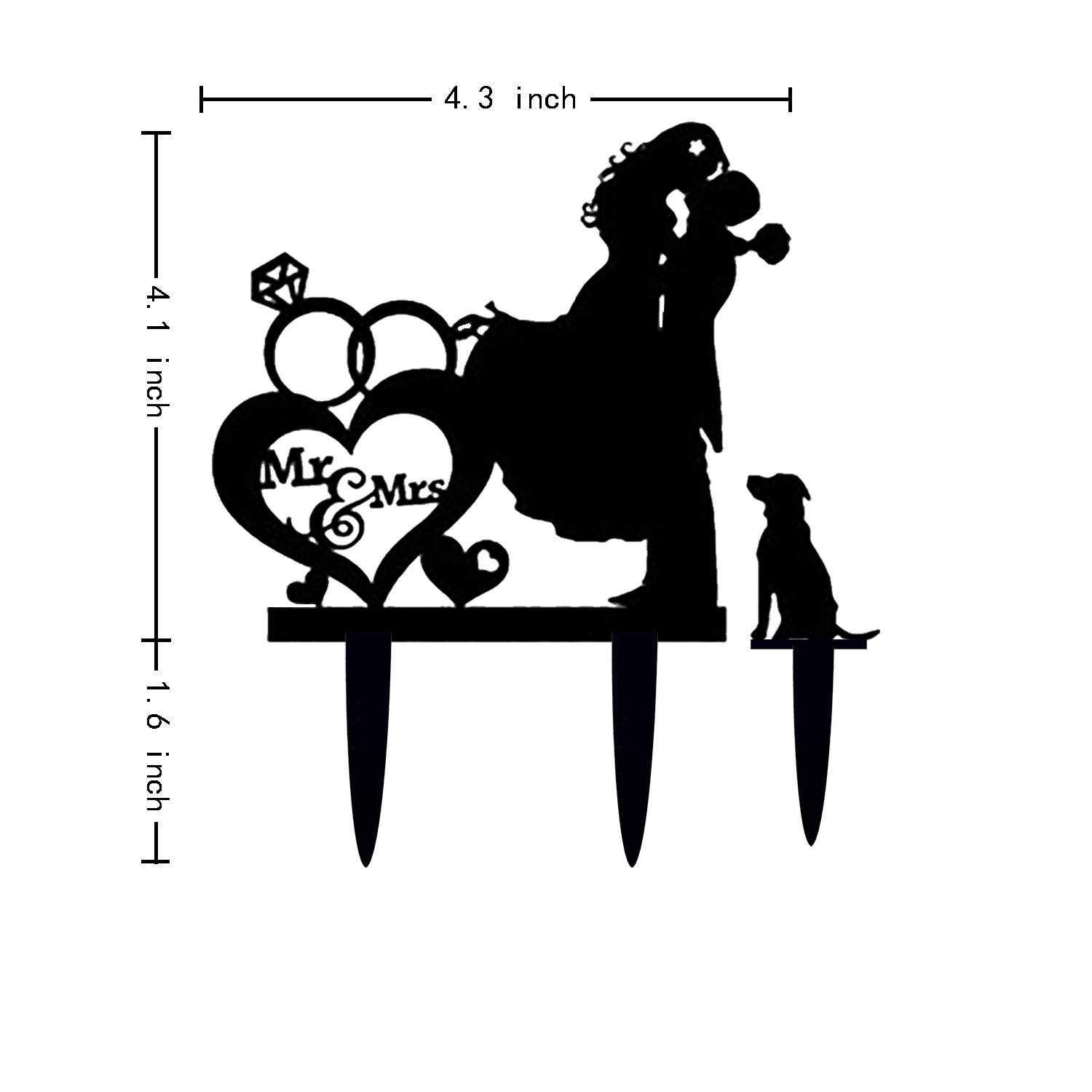Wedding Couple Kiss, Mr&Mrs Heart Diamond Ring Cake Topper, Bride and Groom with Dog Silhouette Cake Topper (Black)