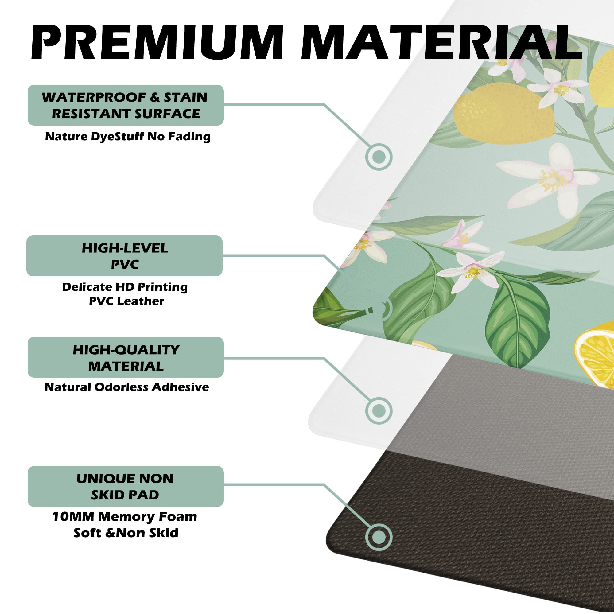 Lemon Kitchen Mat Set 2 PCS Anti Fatigue Lemon and Leaf Kitchen Rugs Waterproof Cushioned PVC Leather Runner Rug Non Slip Comfort Standing Floor Mats for Kitchen, Home, Sink 17.3" x 28" + 17.3" x 47"
