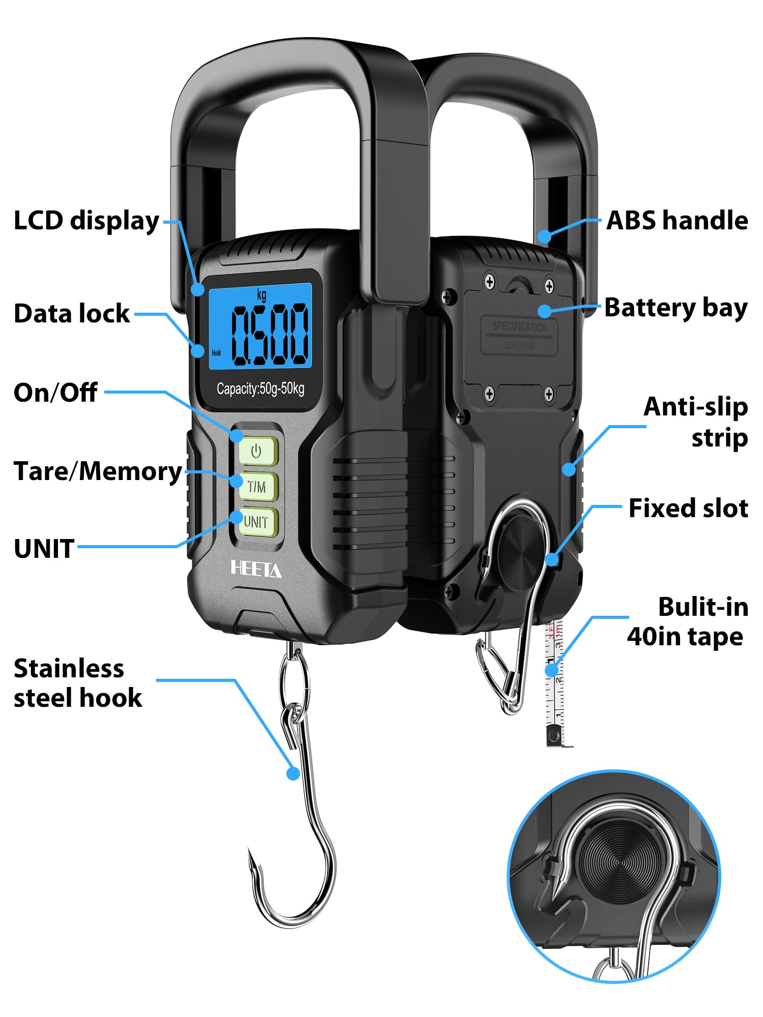 HEETA Waterproof Fishing Scale, Digital Fish Scale 110lb/50kg with Memory Function, Portable Hanging Luggage Scale with Fluorescent Button, 40β Ruler, Backlit LCD Display- Weight Scale, Black