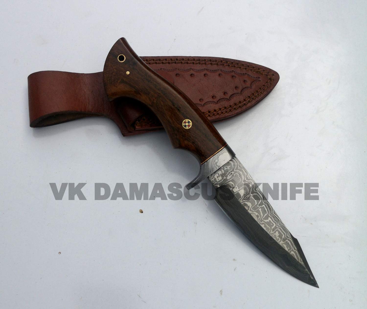 JNR Traders Damascus Steel Fixed Blade Hunting Knife with Leather Sheath - 2533