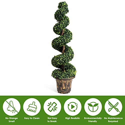 GOPLUS 4 Ft Artificial Boxwood Spiral Topiary Tree, Fake Greenery Plants, Leaves & Cement-Filled Plastic Flower Pot Decorative Trees for Porch Home Office Indoor Outdoor