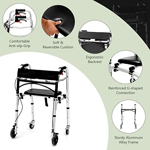Goplus Walkers for Seniors, 4-in-1 Folding Walker with 5ββ Wheels, Detachable Seat, Height Adjustable Stand Up Walker, Medical Walking Mobility Aid, 350lbs Rolling Walker for Adult Bariatric Handicap