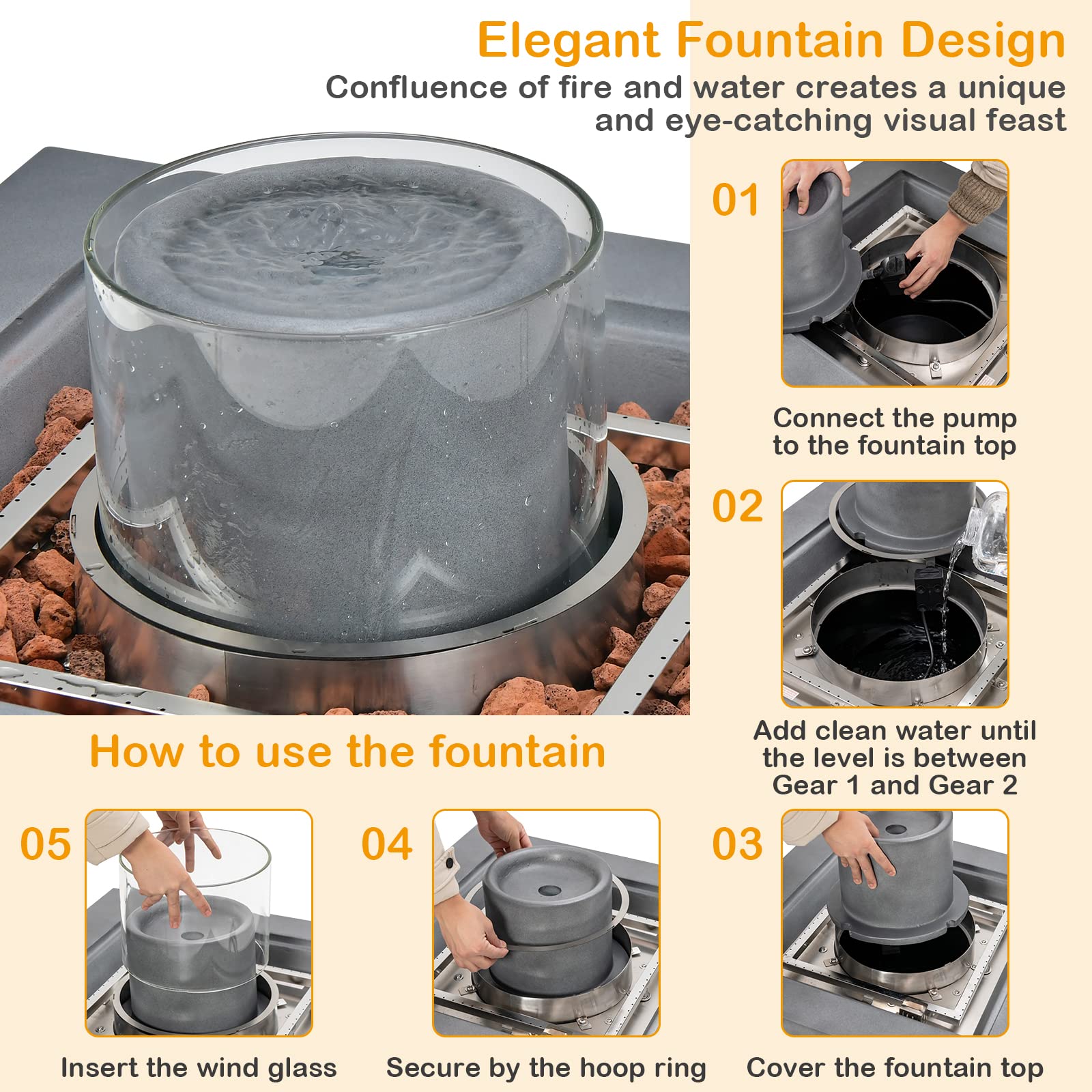 Giantex Fountain Fire Pit Table - 50,000 BTU Square Fire Table w/Middle Fountain, Wind Glass, Stainless Steel Burner, PVC Cover, CSA & UL Certificated, 28β Firepit for Patio, Poolside, Backyard,Gray