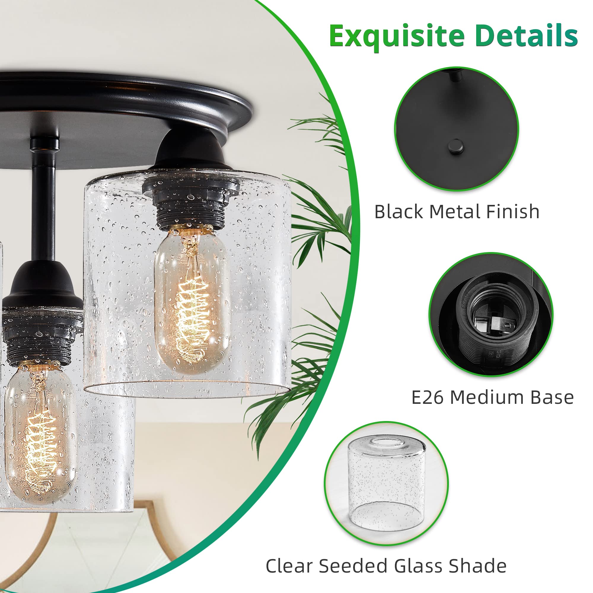 LEDIARY Semi Flush Mount Ceiling Light, 3-Light Industrial Black Matte Light Fixtures Ceiling Mount, Hallway Light Fixtures with Clear Seeded Glass Shades for Kitchen, Entryway, Bedroom, Foyer