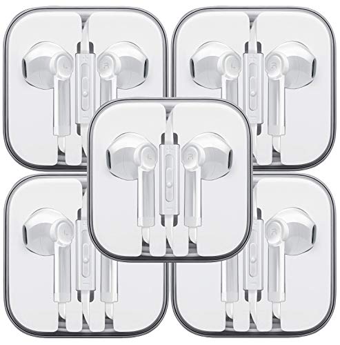 Wired Earbud Headphones with Microphone, Boost+ Premium Earphones Volume Control Slide-Bar with 3.5mm Port for PCs, Tablets, and Cell Phones in The Office, Classroom or Home, White, 5-Pack