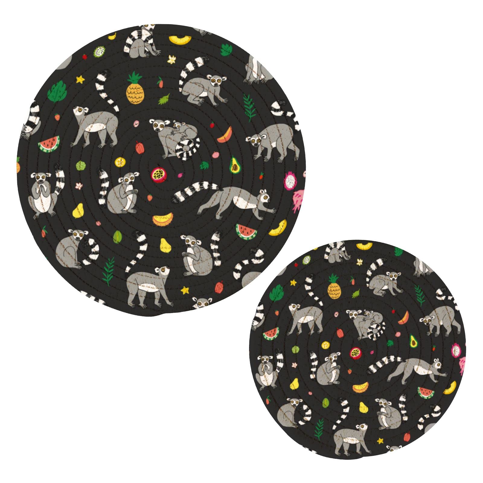 Lemur Tropical Fruits Cotton Braided Hot Pads Trivet Pot Holder for Kitchen Pot Holders Round Woven Potholders for Hot Dishes Suitable for Kitchen Farmhouse Dining Table Dining Room Party