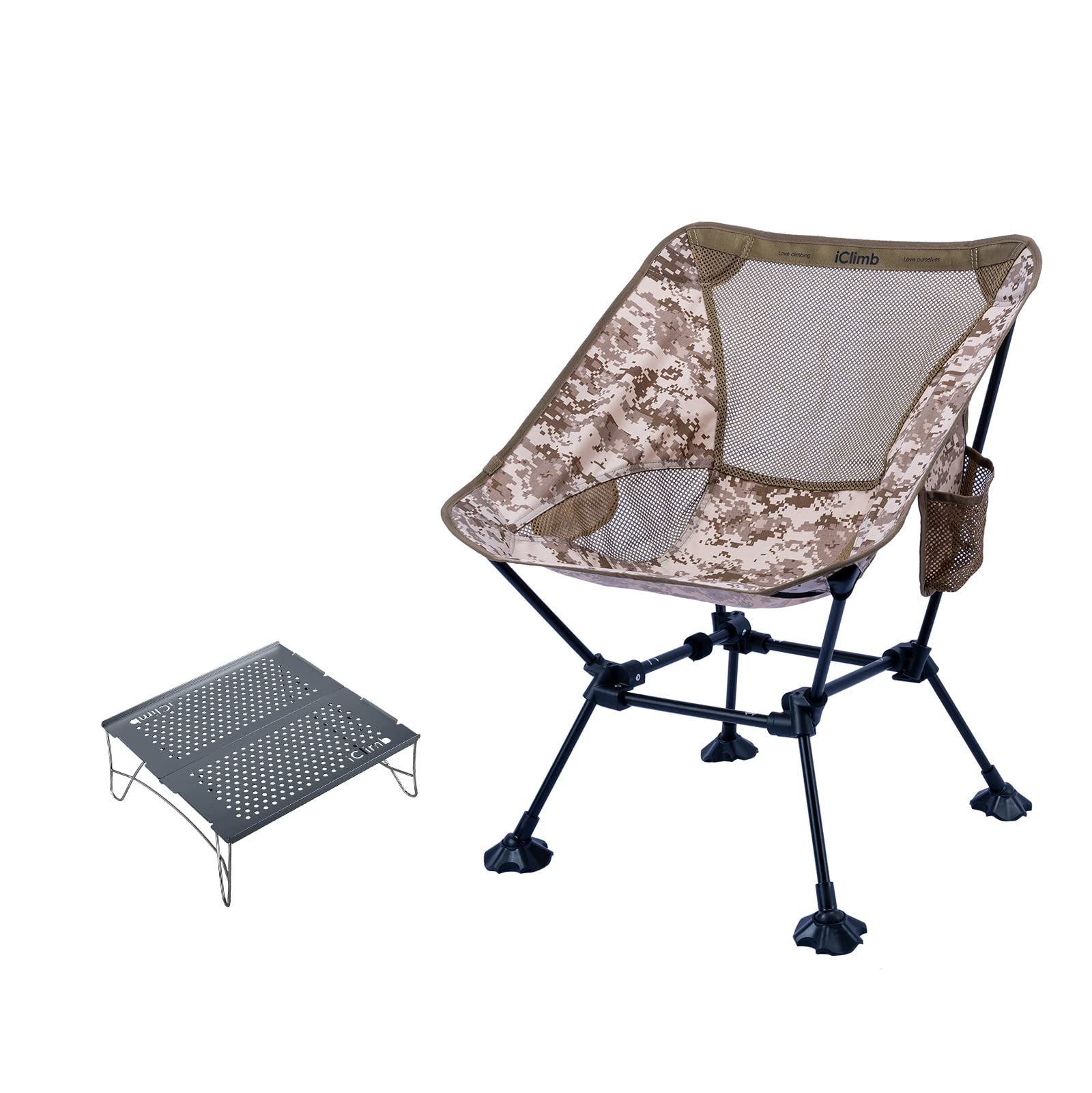 iClimb 1 Anti-Sinking Large Feet Chair and 1 Solo Mini Folding Table Bundle, Ultralight Compact for Solo Outdoor Backpacking Hiking Camping Beach Concert