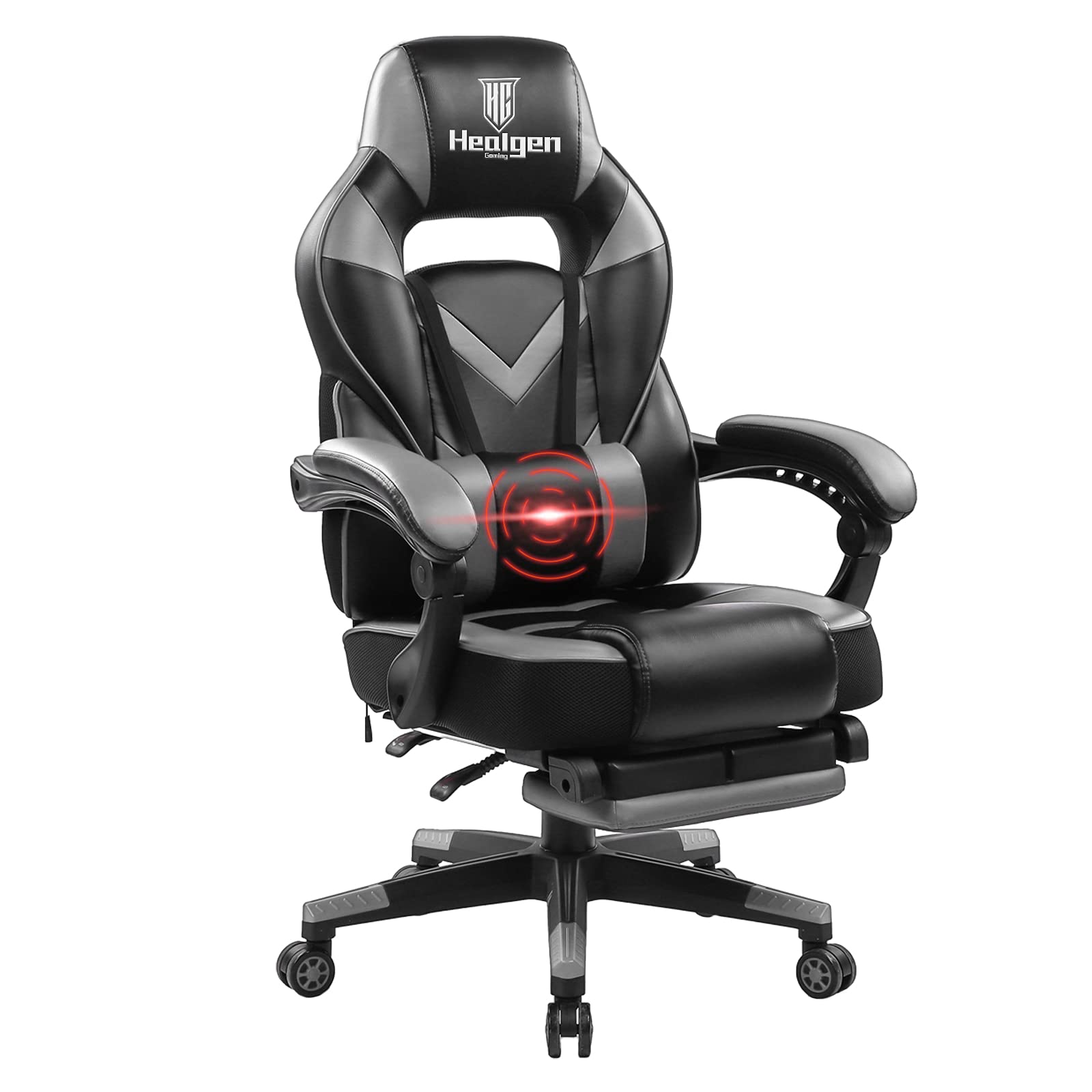 HEALGEN Reclining Gaming Chair with Adjustable Massage Lumbar Pillow and Footrest- Memory Foam PC Computer Racing Chair - Ergonomic High-Back Desk Office Chair (9015GREY)