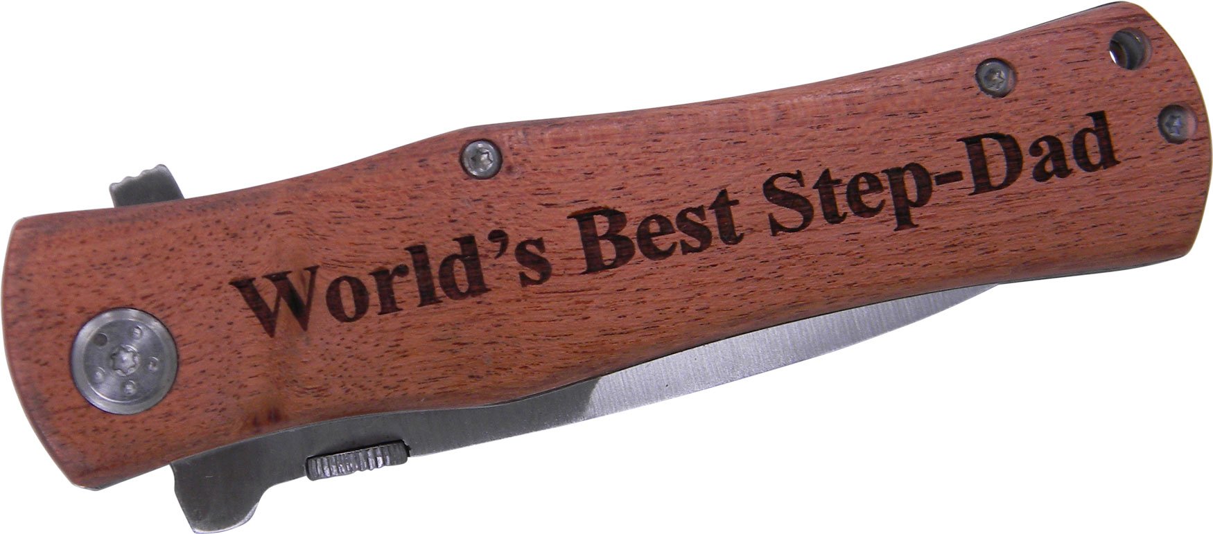 World's Best Step-Dad Folding Pocket Knife with Pocket Clip - (Wood Handle)