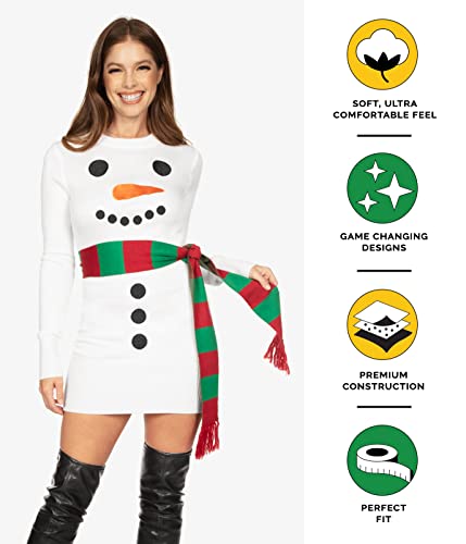 Women's Snowman Ugly Sweater Dress - White Snowman Christmas Dress with Scarf: Medium