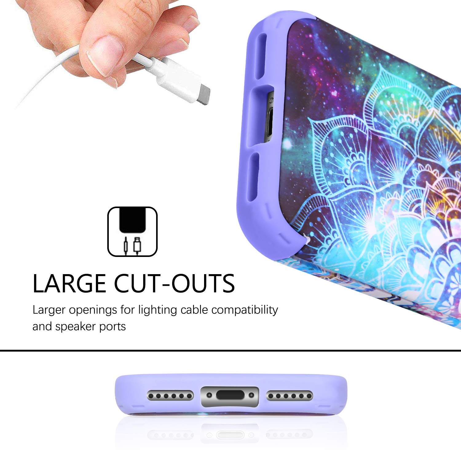GUAGUA iPhone SE 2022/2020 Case iPhone 8 Case iPhone 7 Case Mandala Flowers Stars Space Nebula Hybrid 3 in 1 Hard PC Soft TPU Cover Bumper Shockproof Case for iPhone 8/7/, SE 3rd/2nd, Purple