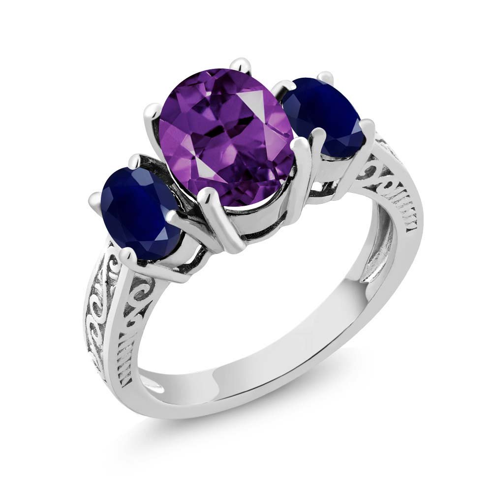 Gem Stone King 925 Sterling Silver Purple Amethyst and Blue Sapphire 3-Stone Ring For Women (2.76 Cttw, Gemstone Birthstone Available 5,6,7,8,9) (Size 7)