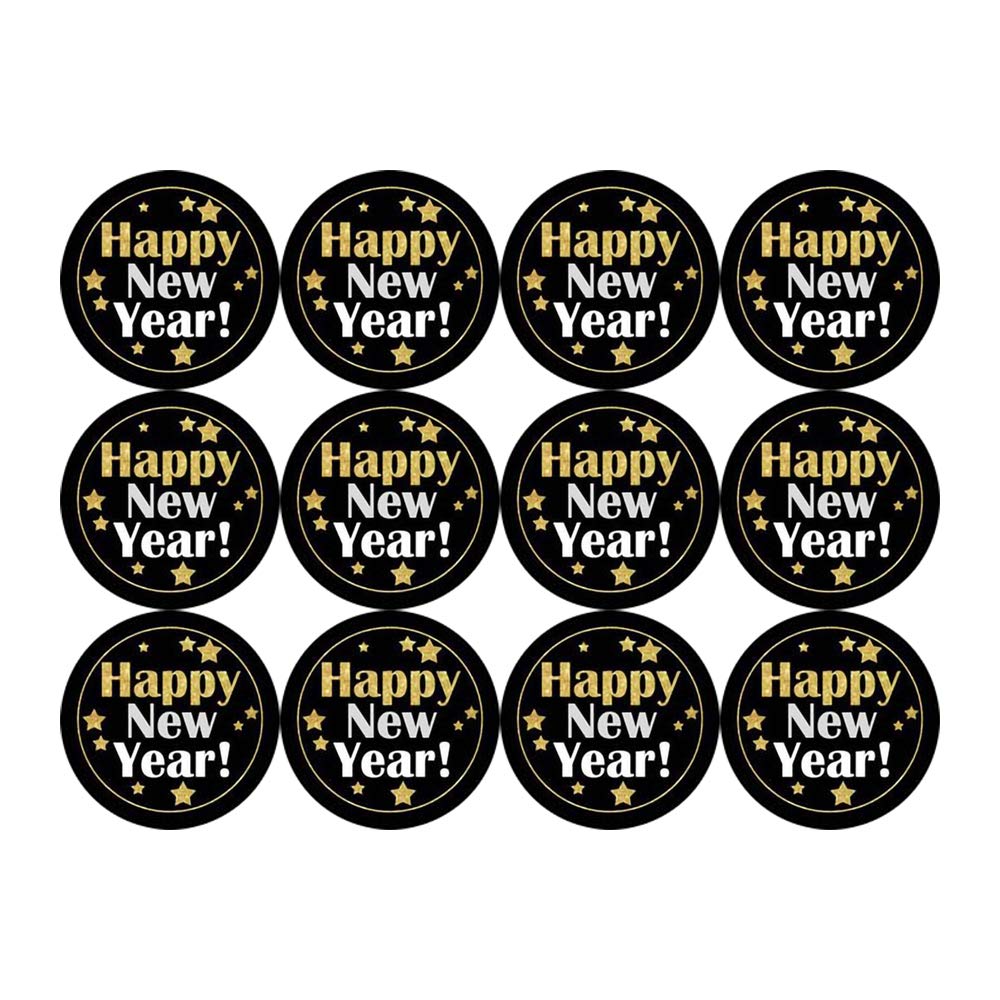 Happy New Year Stickers Seals Gold Labels - (Pack of 120) 1.57" Large Round Gold Foil Stickers Stamping on Black for New Year Cards Gift Envelopes Boxes