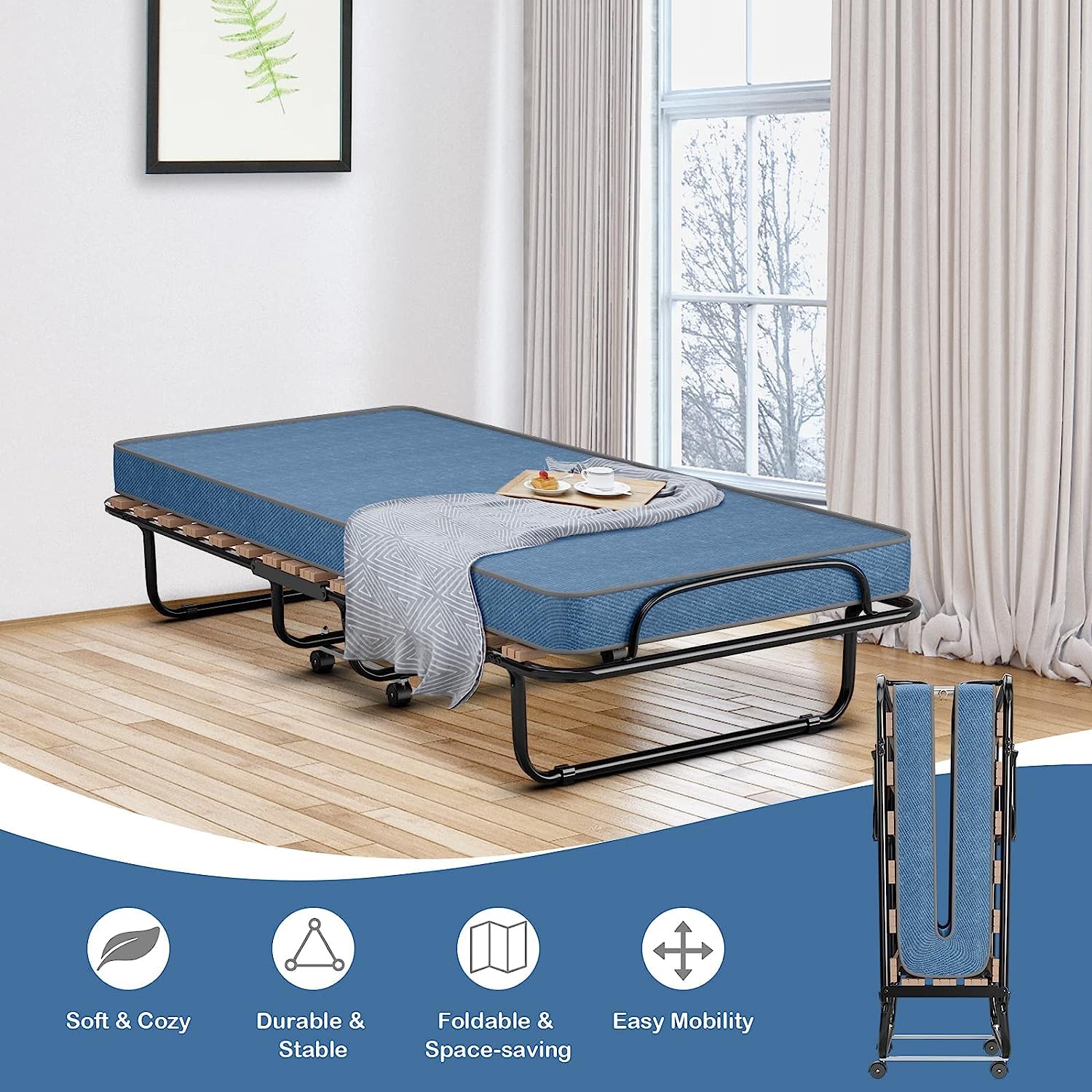 HAPPYGRILL Fold Away Bed, Fold Up Bed with Comfortable Memory Foam Mattress, 4 Universal Wheels, Sturdy Steel Frame,Potable Fold Up Bed for Home & Office, Folding Bed