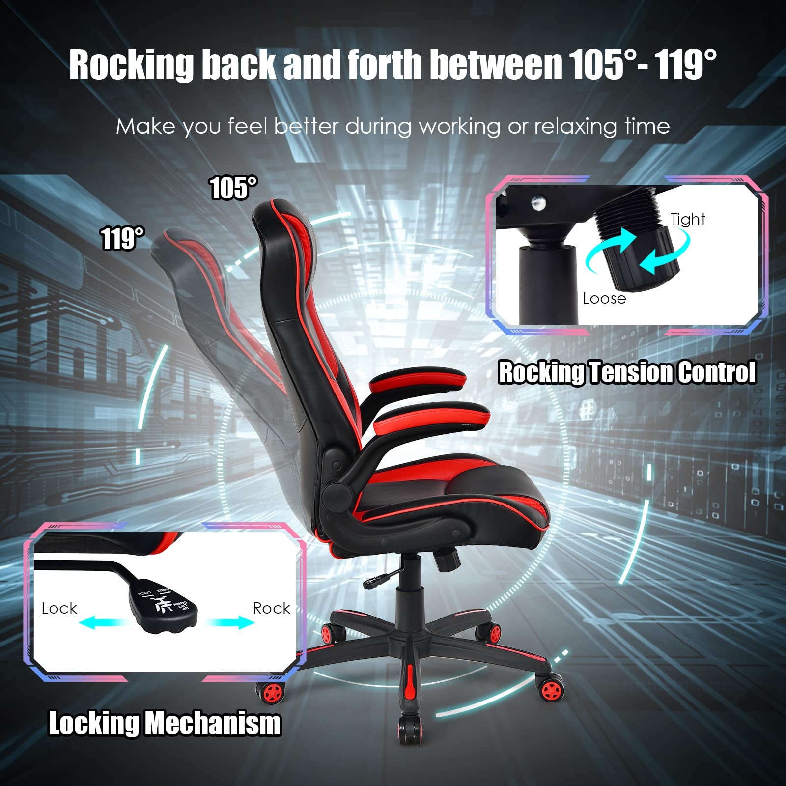Giantex Racing Style Computer Gaming Chair, High Back Video Game Chair with PVC & PU Leather Seat, Rocking Backrest, Ergonomic Swivel Computer Chair, Home Office Executive Task Chair (Red)