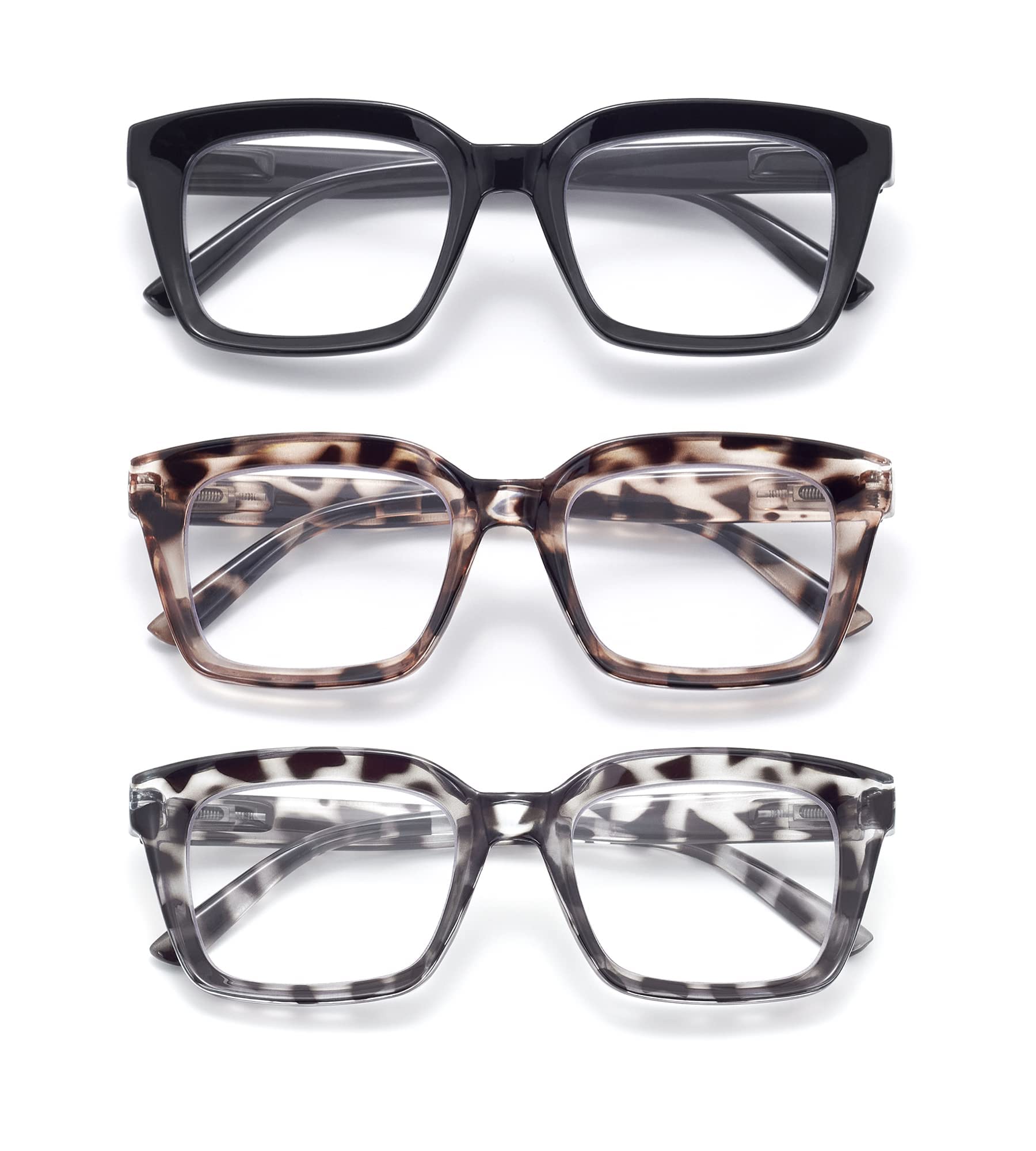 HIGHLIKE 3-Pack Oversized Blue Light Reading Glasses Women,Stylish Square Spring Hinge Readers Glasses,Black DarkBrownTortoise GrayTortoise 2.0 x