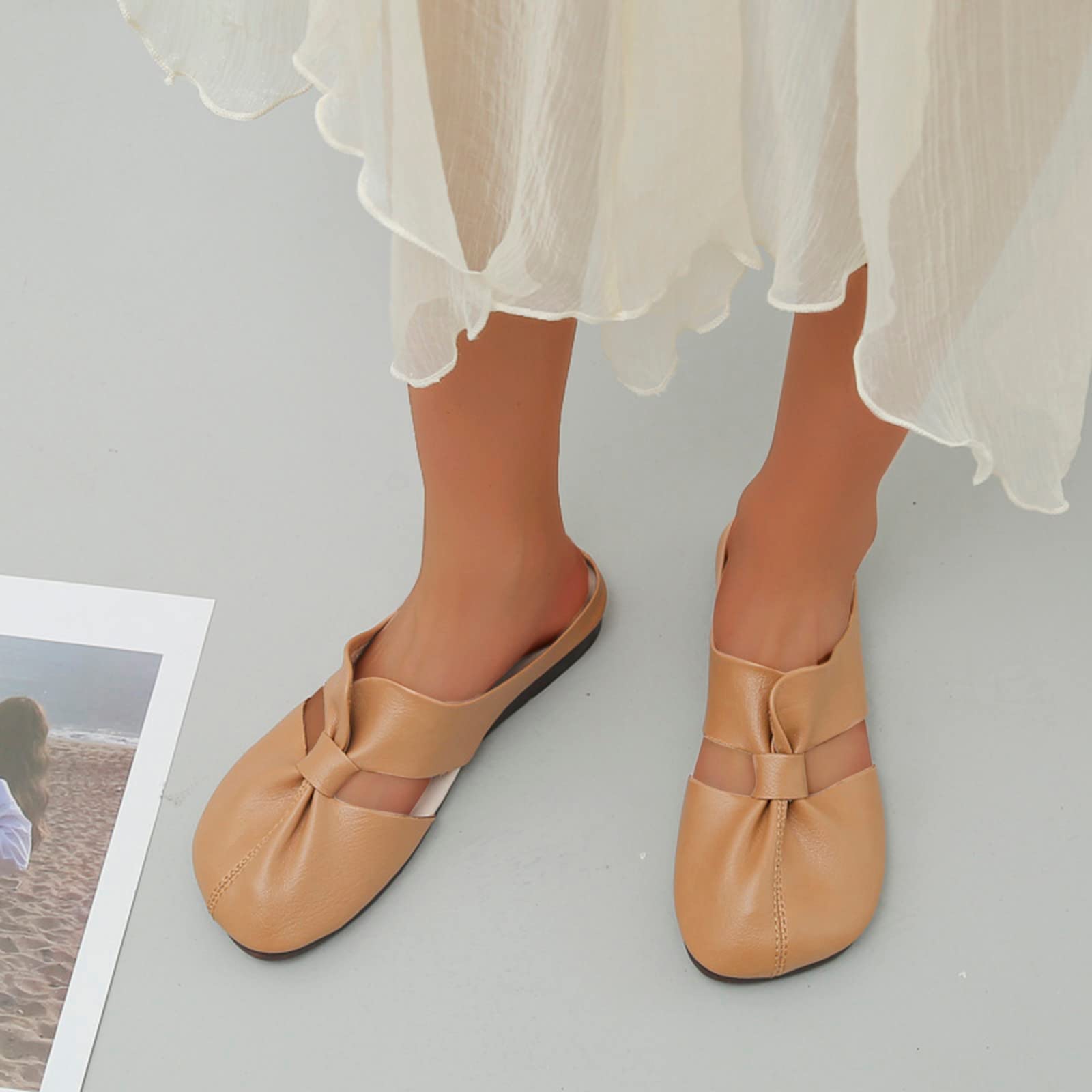 Ladies Fashion Leather Surface Solid Color Half Slippers Soft Sole Flat Casual Shoes Comfort Casual Shoes Men Khaki