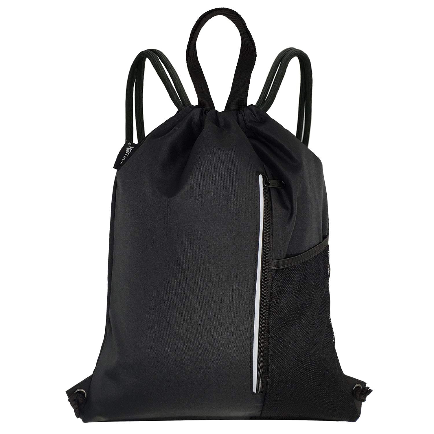 HOLYLUCK Drawstring Backpack Sports Gym Bag String Bag Sports Sackpack Gym Sack for Women Men with Zipper - black