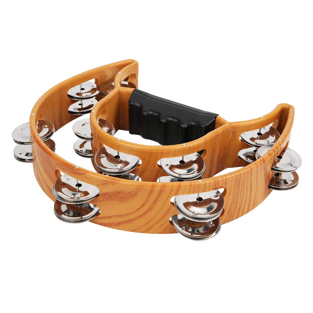 Handheld Tambourine Rattle Double Row Handbell Tambourine Plastic Metal Half Moon Handbell for Musical Education Imitation Wood Color