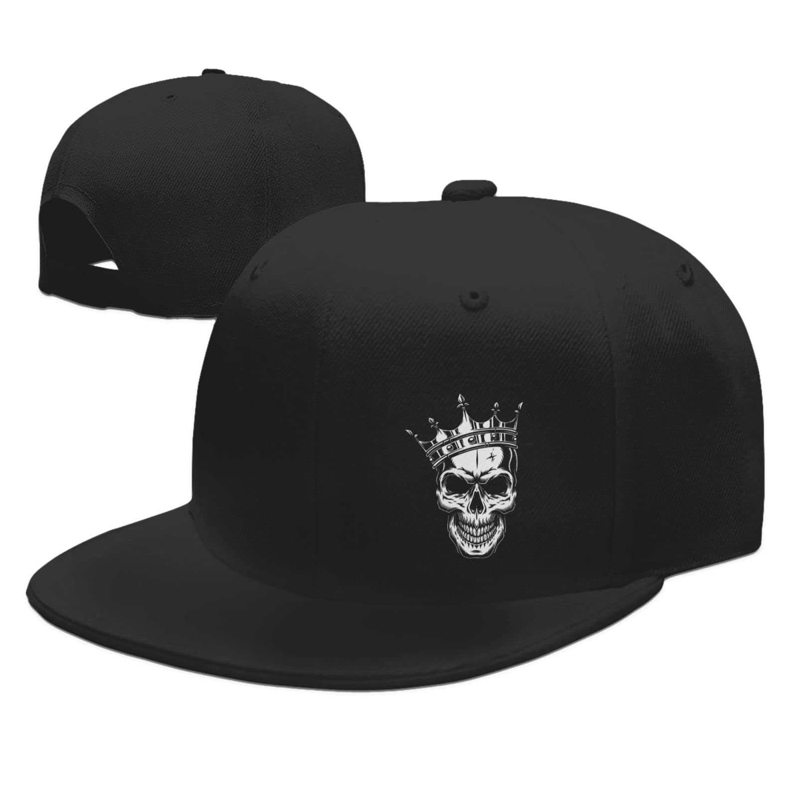 My Moreyea Black Unisex Flat Brim Baseball Cap Adjustable Fashionable Snapback Hats for Men and Women King Skull