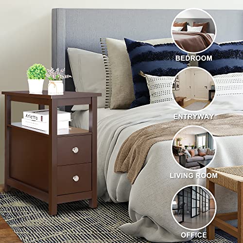SUPER DEAL 2 Drawer End Table with Storage Shelf, Narrow 3 Tier Sofa Side Table for Living Room Bedroom Office Small Spaces, 23.6 x 24 inch Espresso