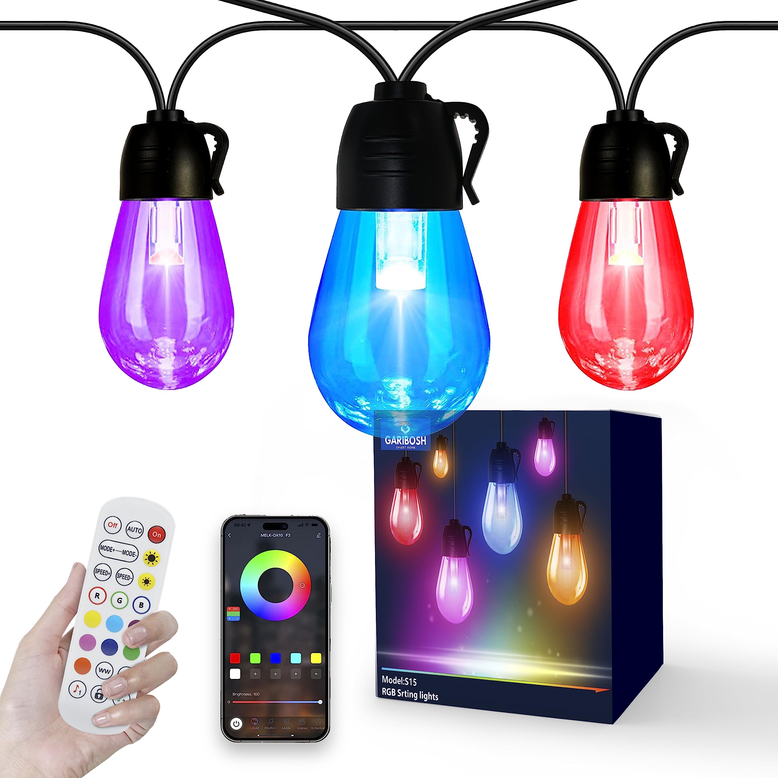 Garibosh Outdoor Patio String Lights, Multicolor, IP65 Waterproof, Dimmer Compatible, 50ft Long