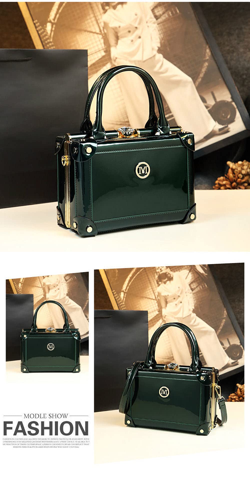 HANSOMFY Fashion Women's Top Handle Satchel Handbags Leather Evening Bag Purses Small Hard Square Box Shoulder Bags (Large Green)
