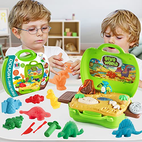 VConejo 2 in 1 Dinosaur Color Dough Toys, 37 Pieces Dino Theme Color Dough Tools and molds Accessories with Volcano and Fossils for Boys and Girls