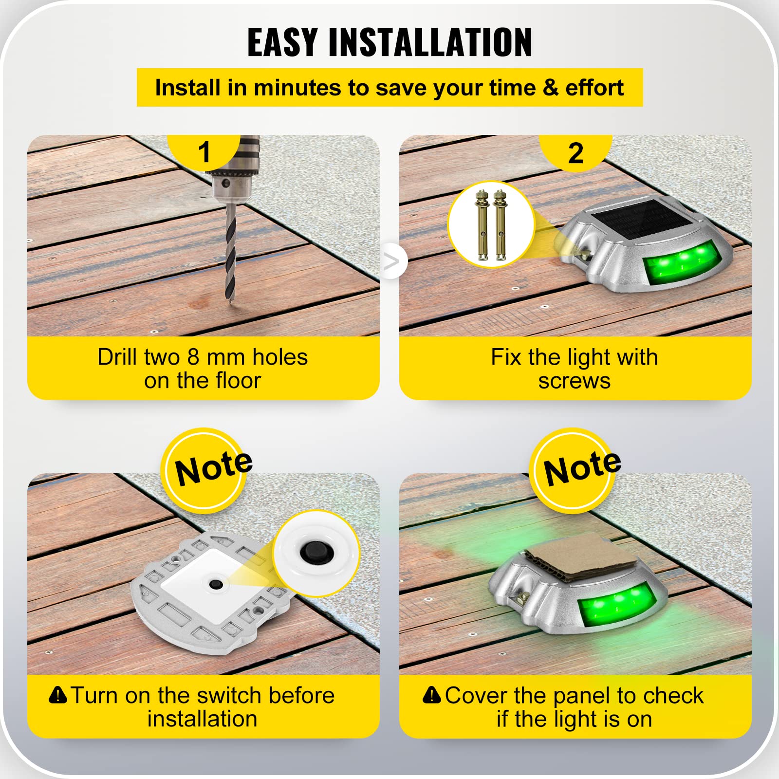 Happybuy Driveway Lights 4-Pack, Solar Driveway Lights with Switch Button, Solar Deck Lights, Wireless Dock Lights 6 LEDs for Path Warning Garden Walkway Sidewalk Steps, LED Bright Green