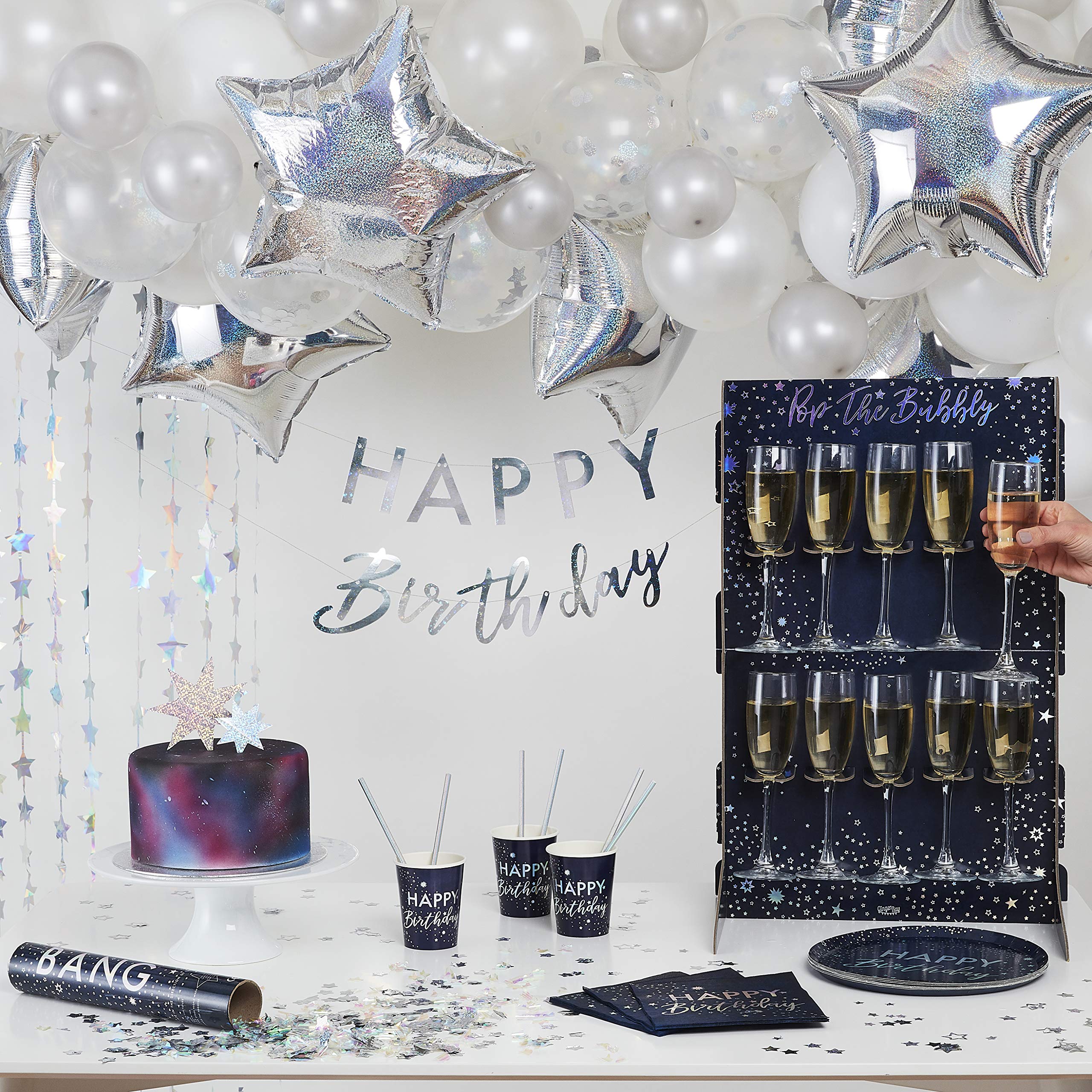 Ginger Ray Iridescent Silver and White Party Celebration Balloon Arch Decoration Kit, Stargazer Birthday