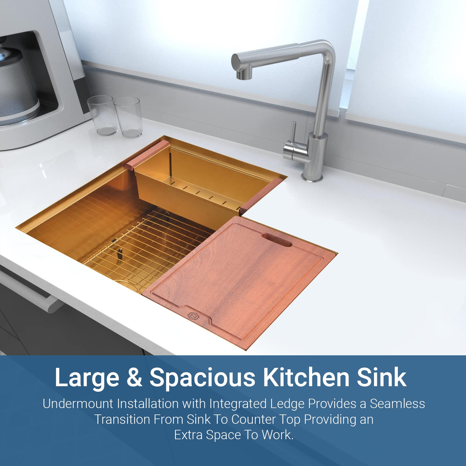 Strictly Sinks 30 Inch Corner Kitchen Sink Undermount - 16 Gauge Stainless Steel Sink Undermount, Scratch & Stain Resistant Corner Single Bowl Workstation Sink with Accessories (Gold)