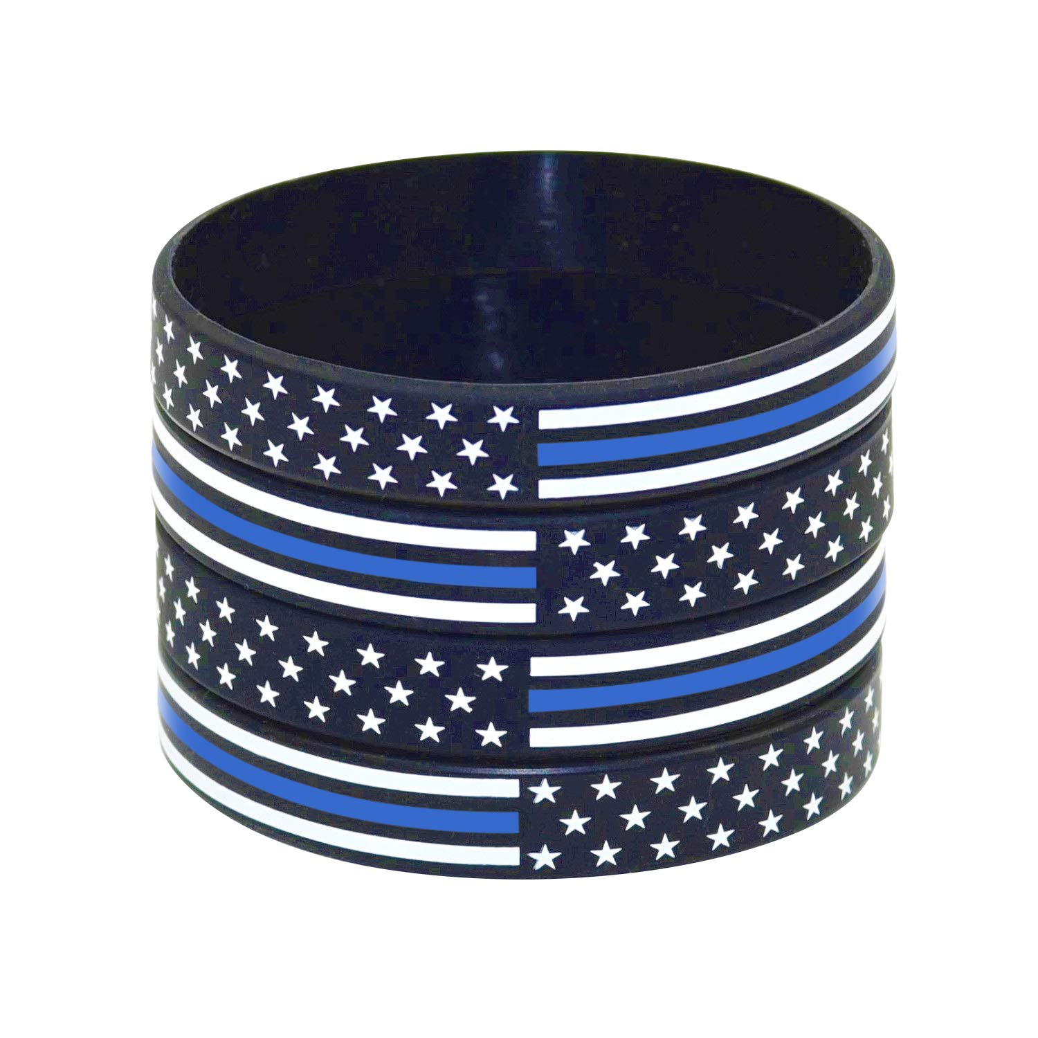 Great 1 Thin Blue Line American Flag Silicone Stretchable Bracelet 4-Pack - Police Law Enforcement