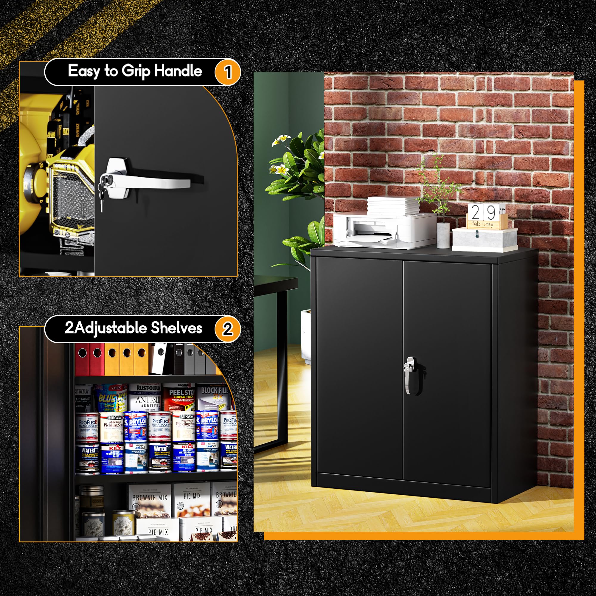 Greenvelly Metal Storage Cabinet, 42”Locking Storage Cabinet with Doors and Shelves, Black Lockable Storage Cabinets for Office, Utility Locker Cabinet, Steel Garage Cabinet with 2 Keys for Home