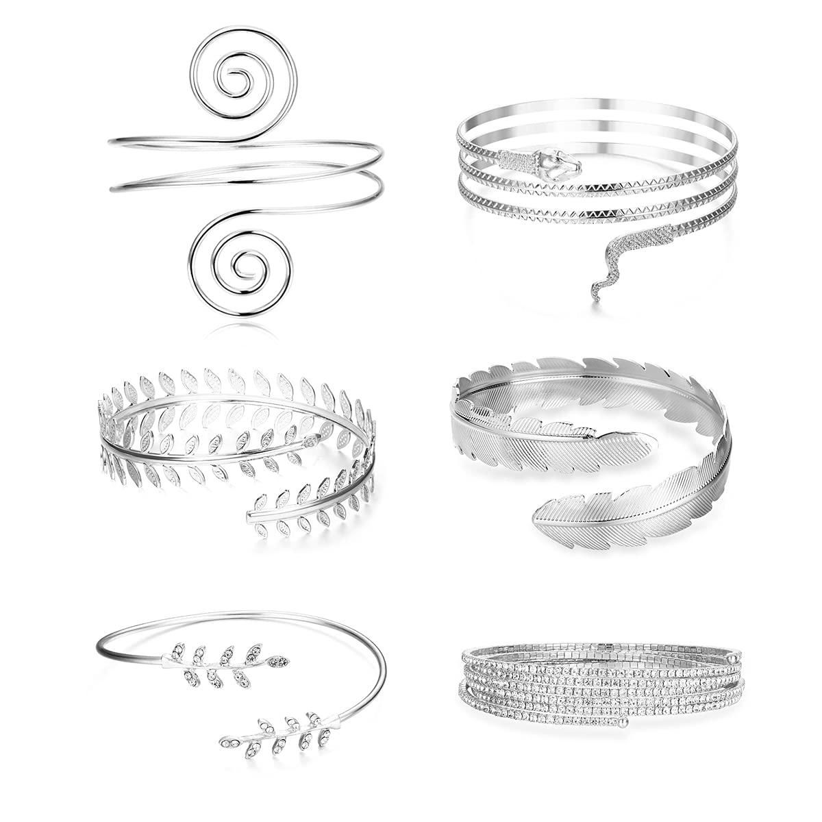 IRONBOX 6Pcs Arm Cuff Upper Arm Bracelet Gold Coil Leaf Feather Snake Arm Cuff Bracelets Silver Adjustable Bangle Armlet Arm Cuff Jewelry for Women