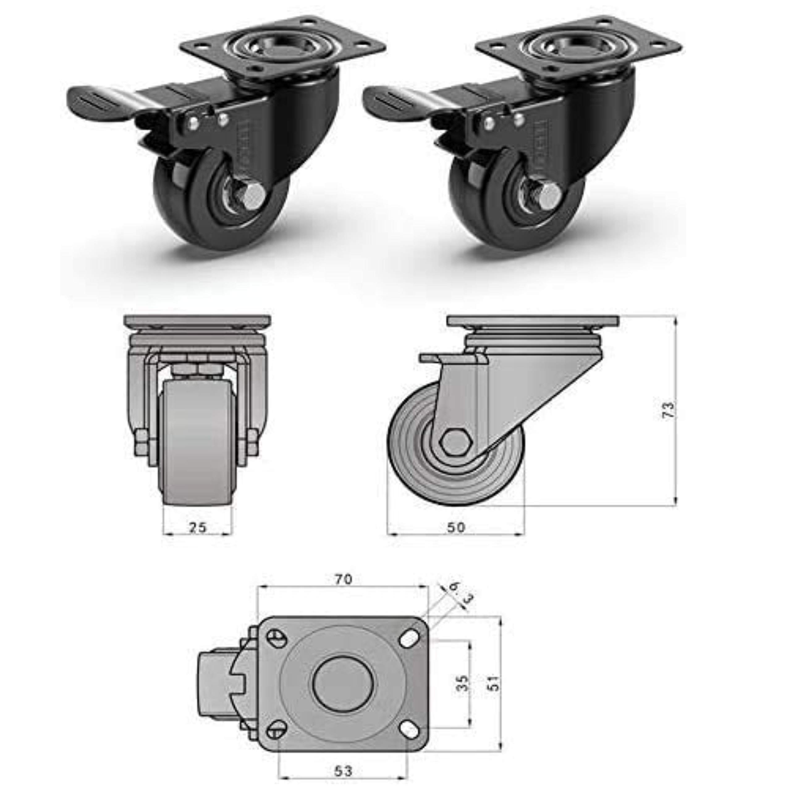 GBL 2" Heavy Duty Caster Wheels with 2 Brakes + Screws - up to 440Lbs - Set of 4 No Floor Marks Silent Castor for Furniture - Rubbered Trolley Wheels - Black Casters
