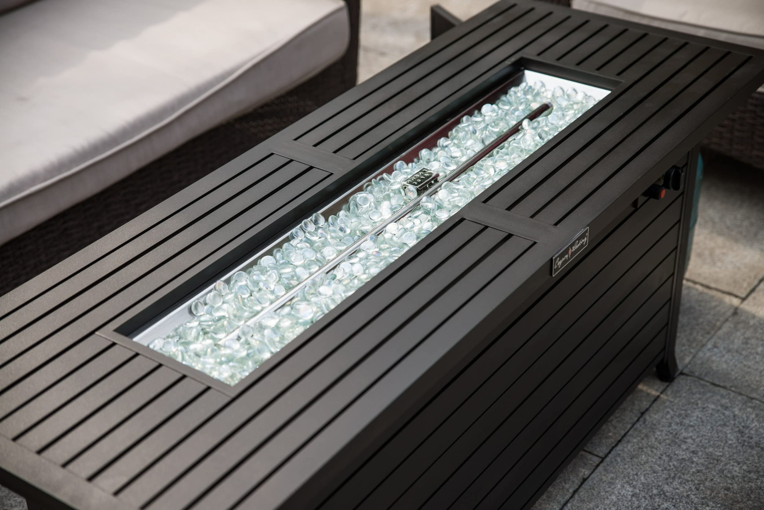 Gecheer 57in Outdoor Gas Propane Fire Pits Table, Aluminum, 50000BTU Firepit Fireplace Dinning Table with Lid, Fire Glass, Retangular, ETL Certification, for Garden Backyard Deck Patio-Mocha