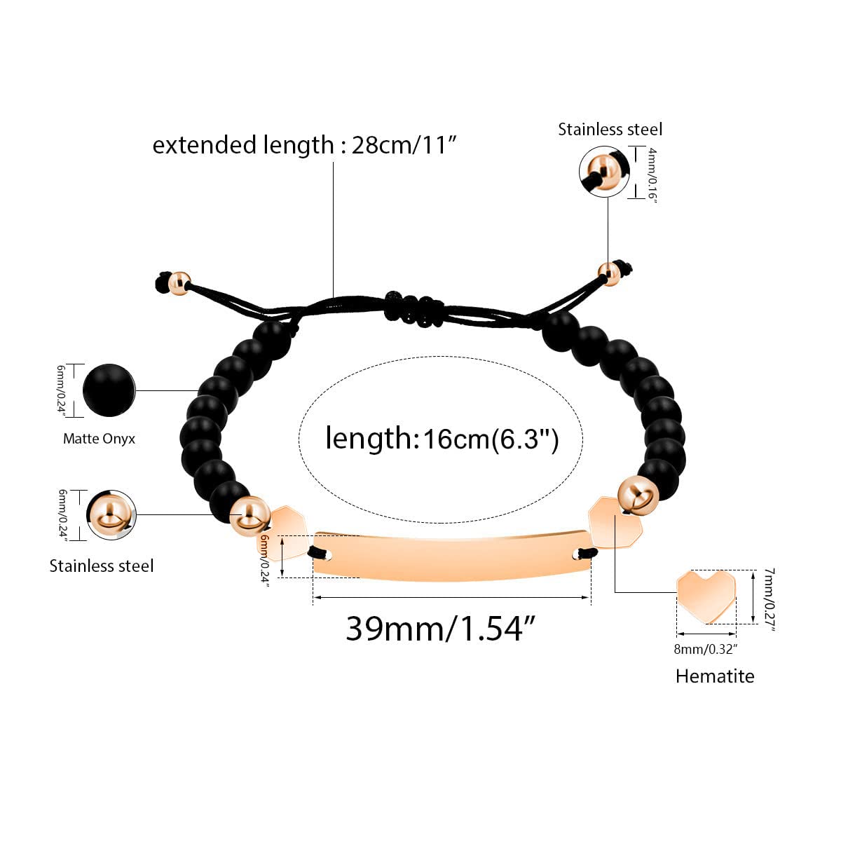 Handmade Black Matte Onyx Beads Personalized Name Bracelets for Women with Rose Gold Plated Stainless Steel Custom Name Plate Y1451