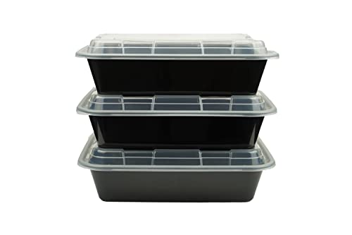 Sunrise Pak [100 Sets] 48oz Square Meal Prep Containers, Black Plastic Containers, To Go Container, Bento Box, Lunch Box, Food Storage Container, BPA Free, Reusable (SR8148B)