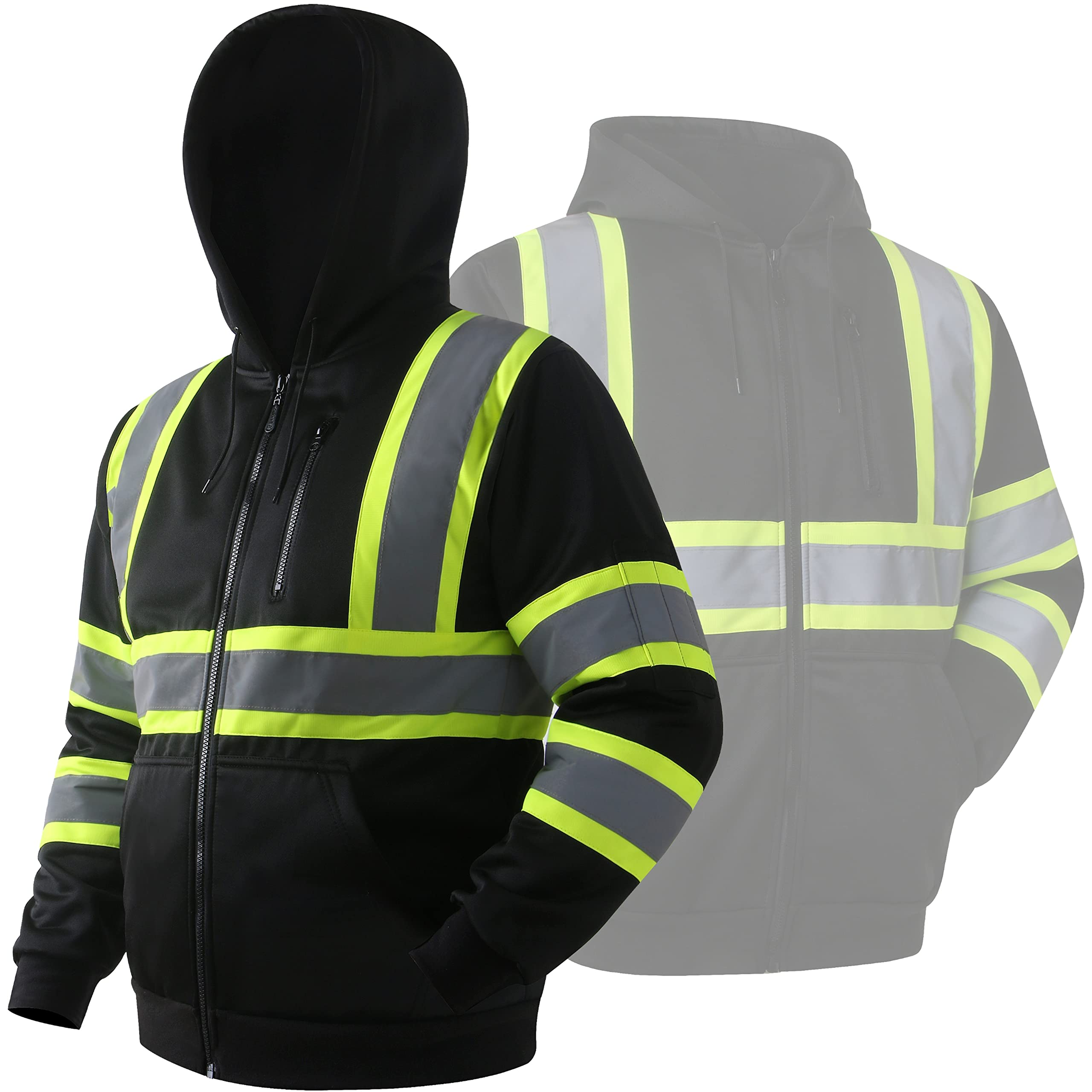 JKSafety Hi-Vis Safety Sweatshirt for men women High Visibility Zip-Up Hooded Sweatshirt Hoodie work utility Reflective Strips with Extended Trims (JK121-Black,L)